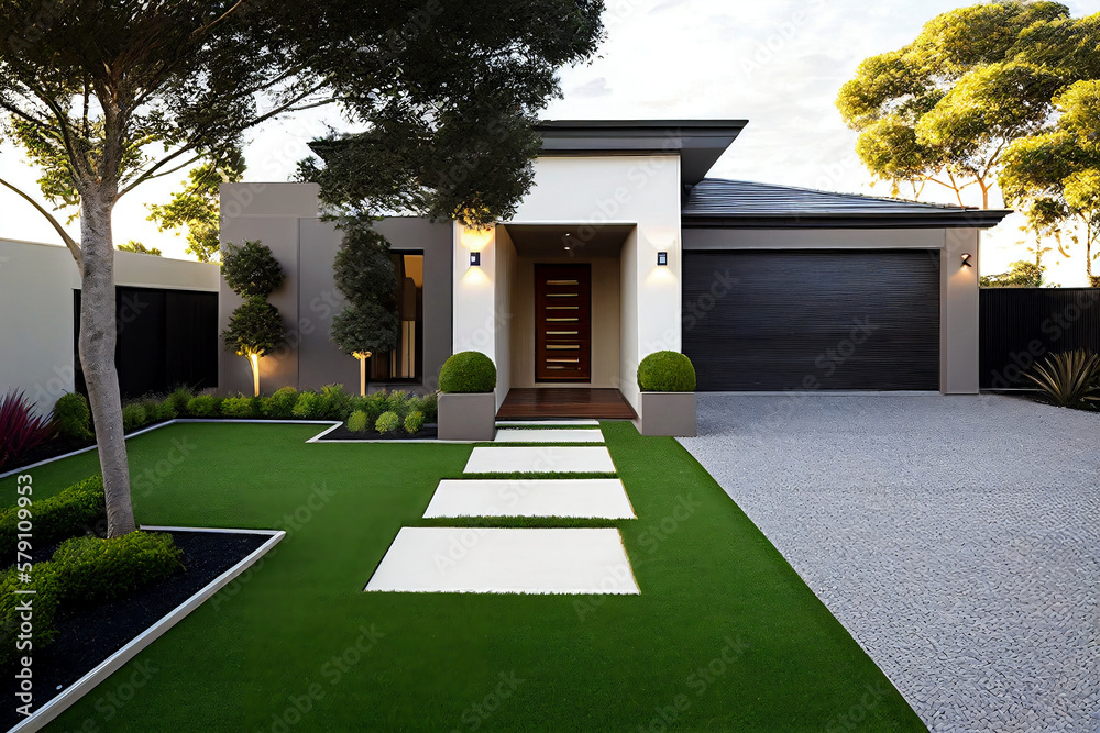 A contemporary Australian home or residential building's front yard ...