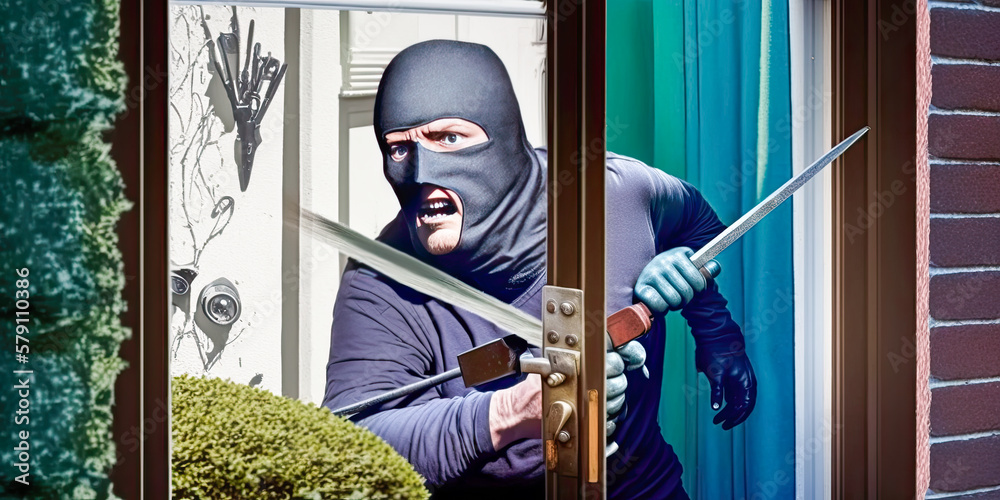 A CCTV view of a burglar breaking into a home through a window, seen ...