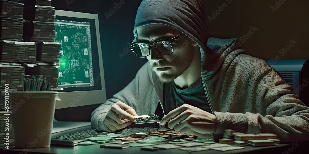 Concentrated young hacker in glasses stealing money from a computer - Generative AI Stock ...