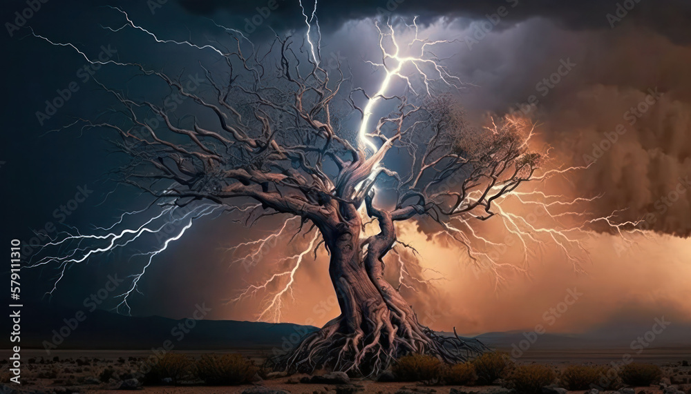 the moment lightning hit a tree. lightning struck a tree Dramatic background - a tree struck by ...