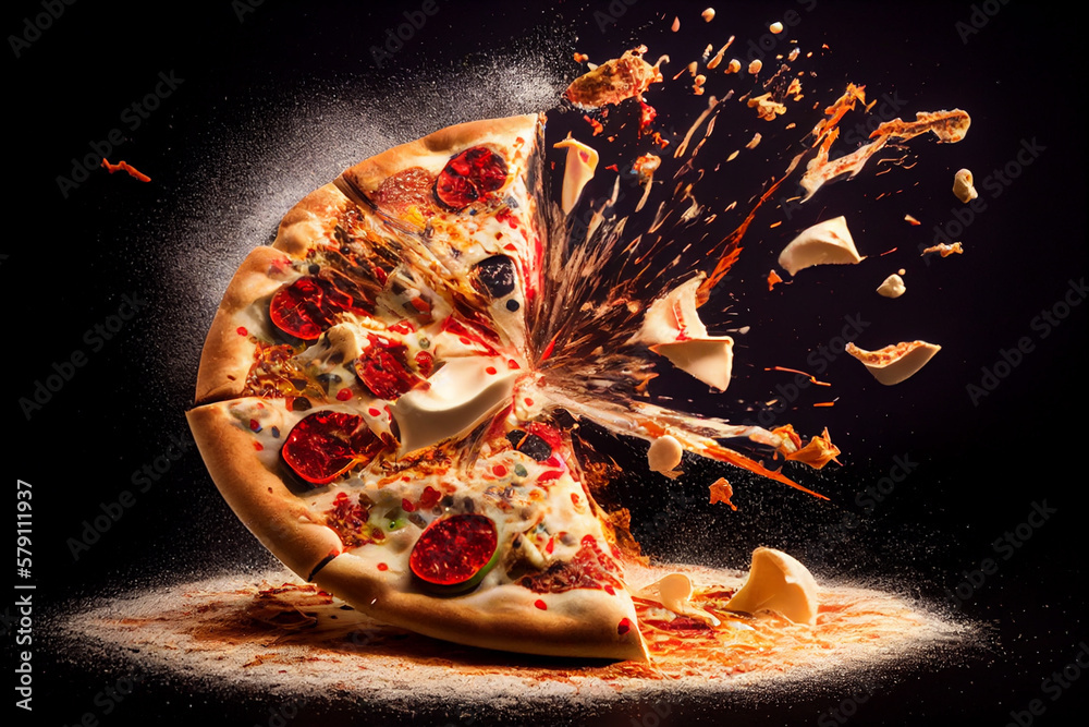 Pizza and Splashes of cheese and red pepper. Italian pizza, Juicy ...