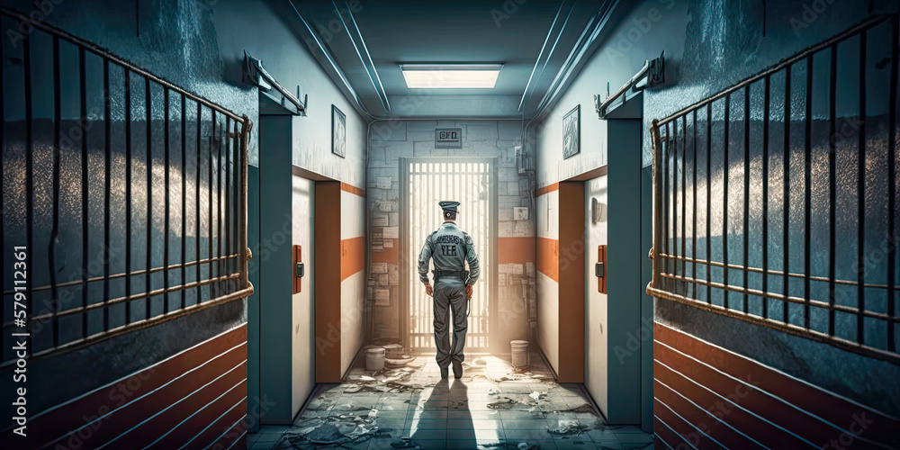 A prison guard arresting an inmate as they walk through a jail corridor ...
