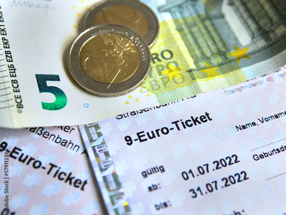 Rostock, Germany - Jun 20, 2022: 9 Euro Ticket with euro banknotes and ...