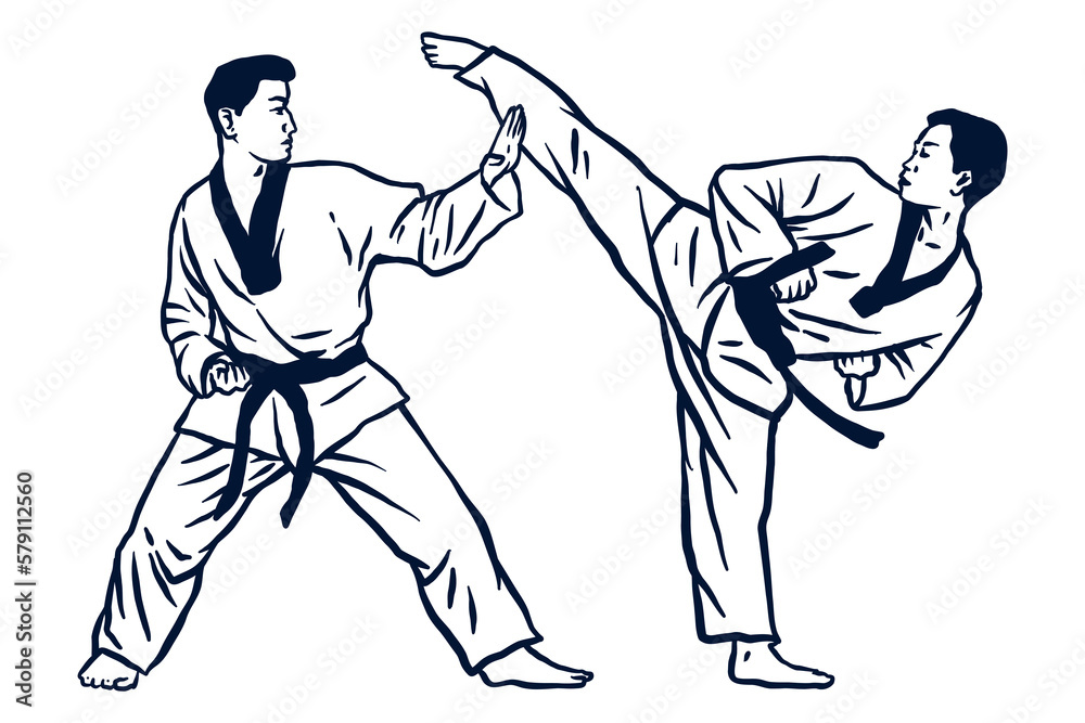 Two karateka men in kimono practicing karate - vector illustration ...