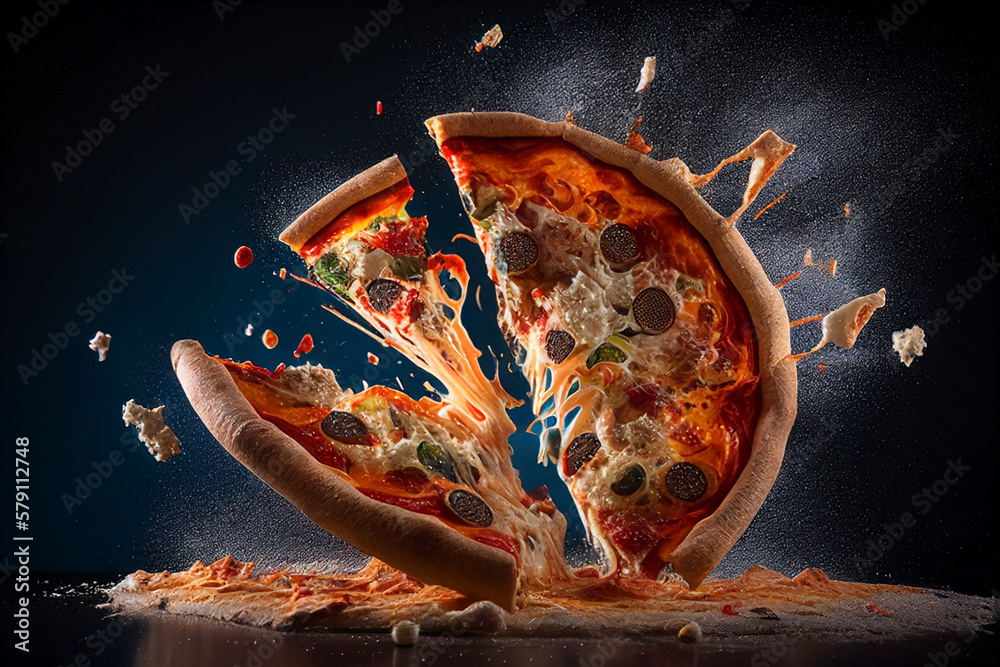 Pizza and Splashes of cheese and red pepper. Italian pizza, Juicy ...