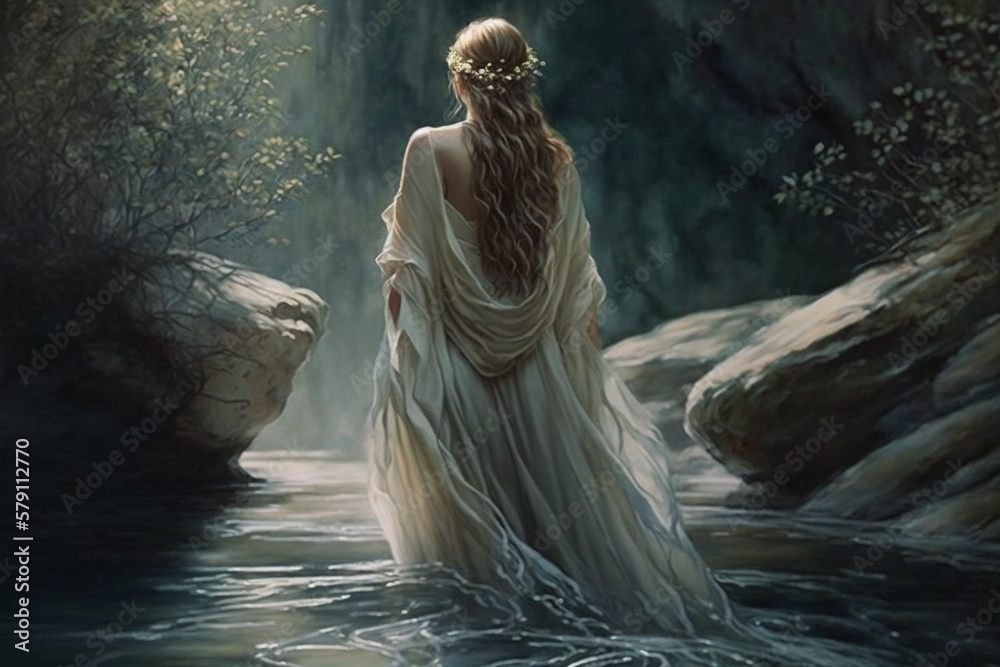 spirit of the river, a girl in a dress in a stream of water view from ...