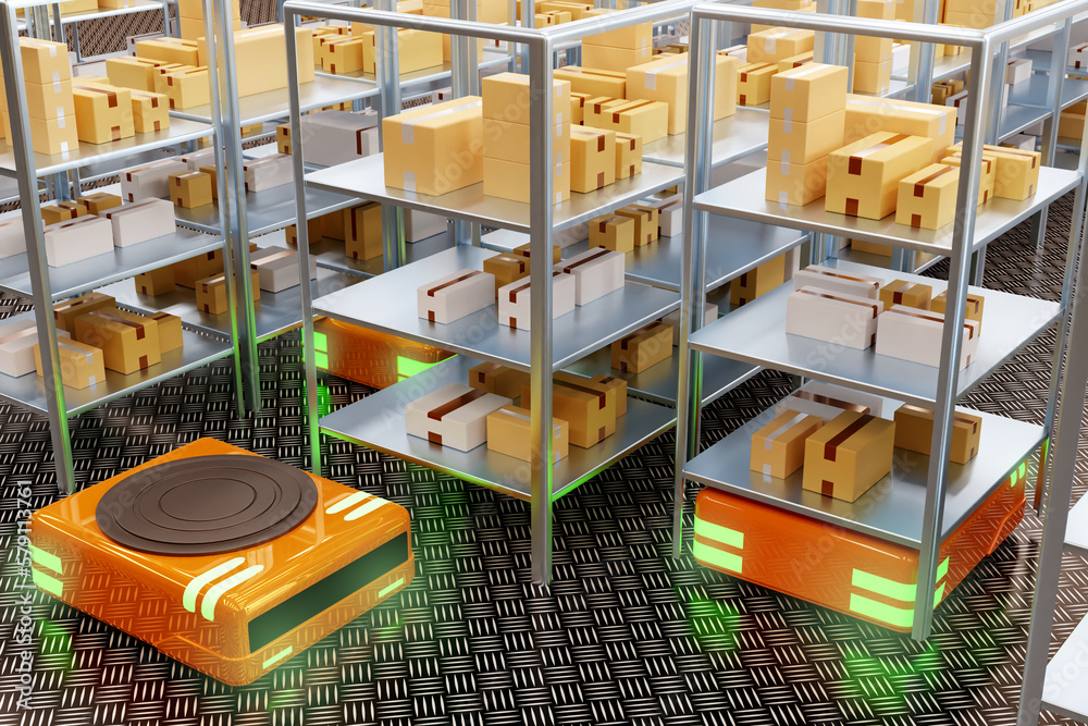 Industrial robots. Automated warehouse carts inside factory. Autonomous ...