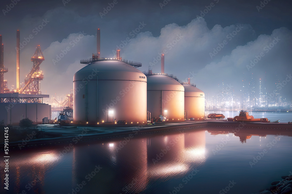 The gas terminal with the LNG storage tanks (Liquefied Natural Gas) is ...