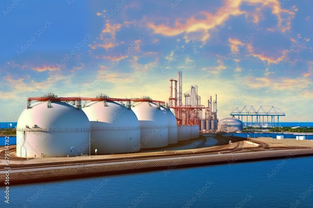 The gas terminal with the LNG storage tanks (Liquefied Natural Gas) is ...
