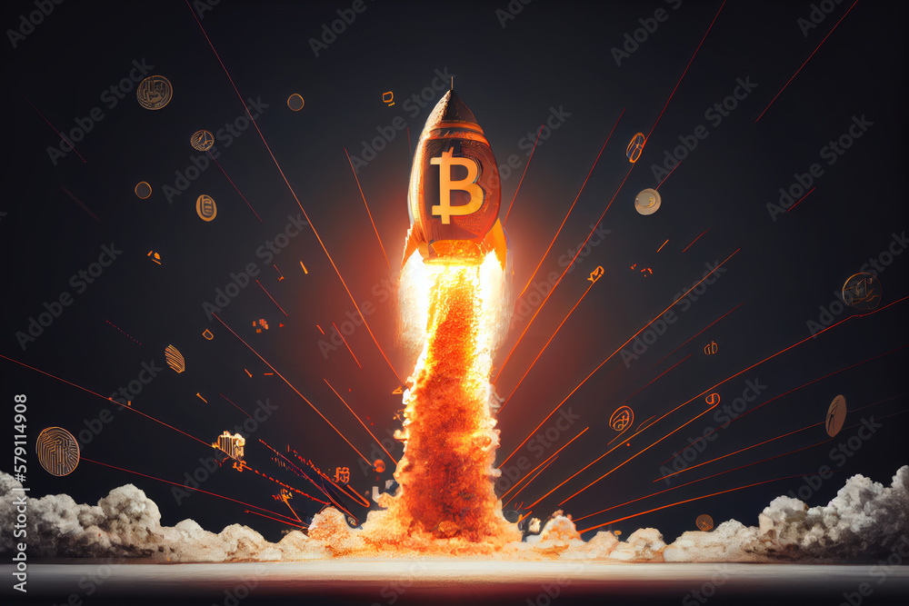 Bitcoin sign flying out of rocket on dark background. Generative AI ...