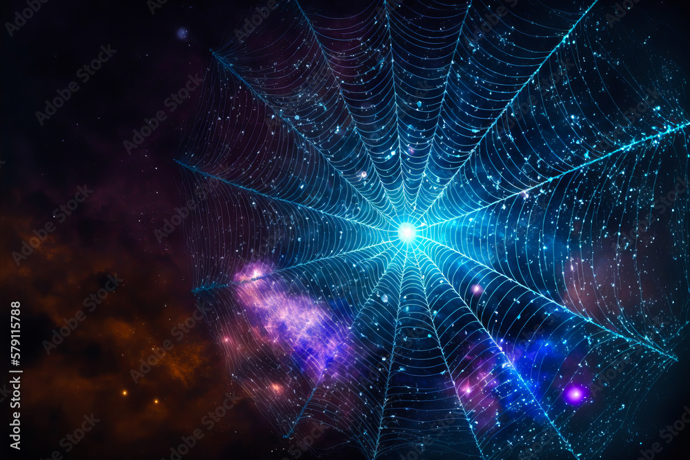 A spider web on a starry sky, illuminated by the stars of the cosmos ...