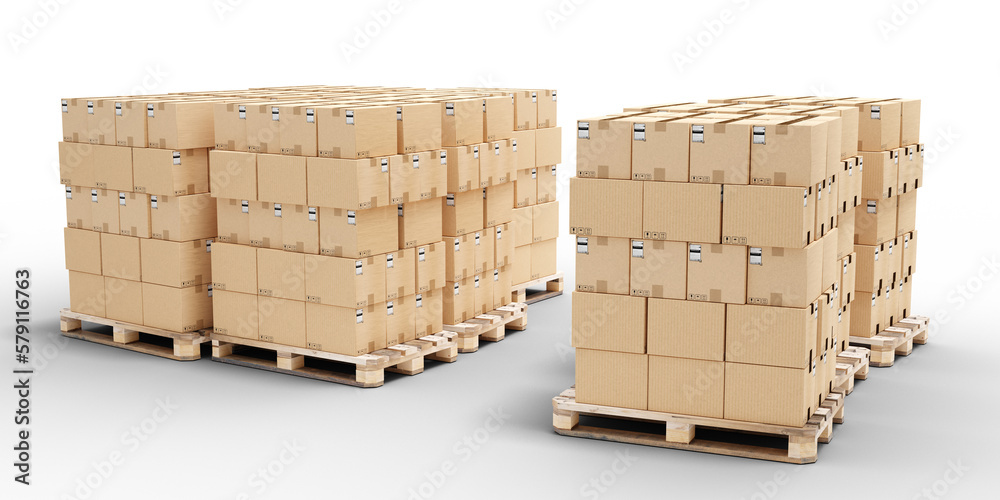 Pallets with boxes. Wooden pallets for parcels. Cardboard boxes for ...