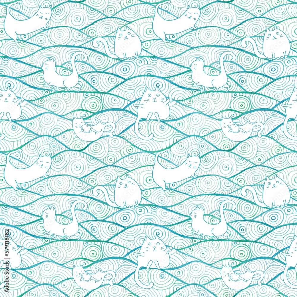 Cats on blue waves. Blue and white seamless pattern. Hand-drawn pets on ...