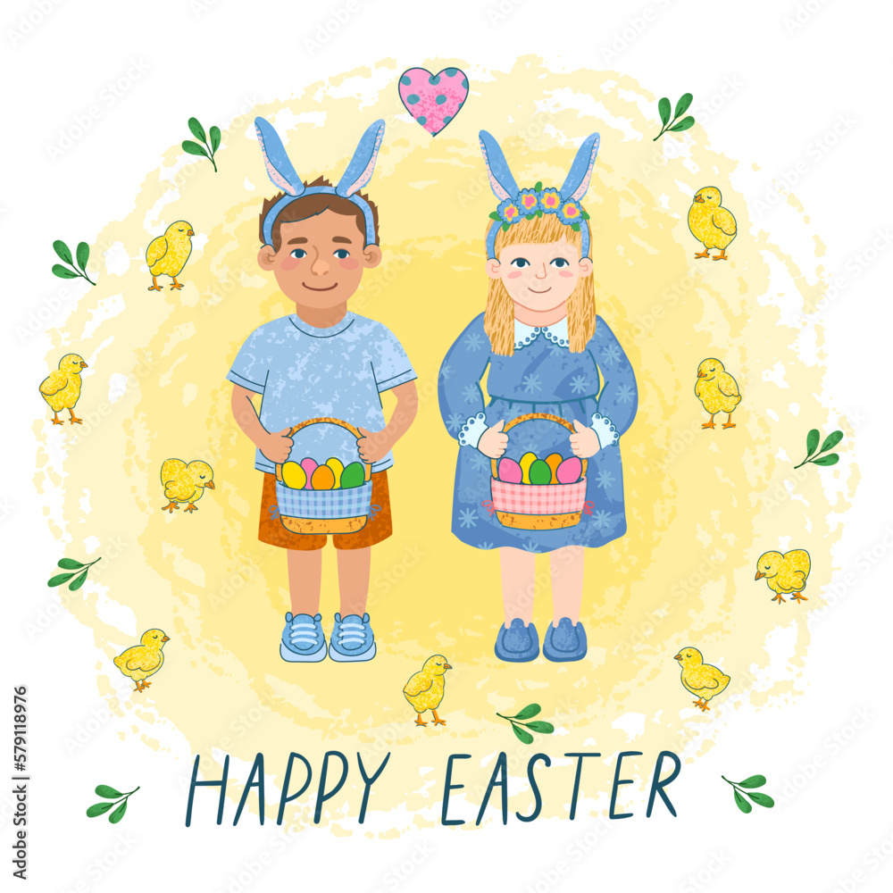 Vector Colorful Greeting Card with Illustration of Cute Little Children ...