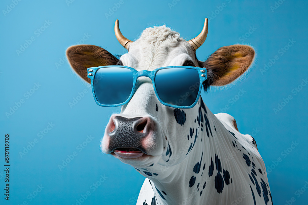 Cute Cartoon Cow wearing Sunglasses on a Blue Background (Generative AI ...