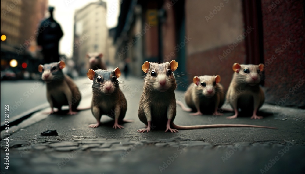 a group of mice sitting on the ground in front of a man in a black suit ...
