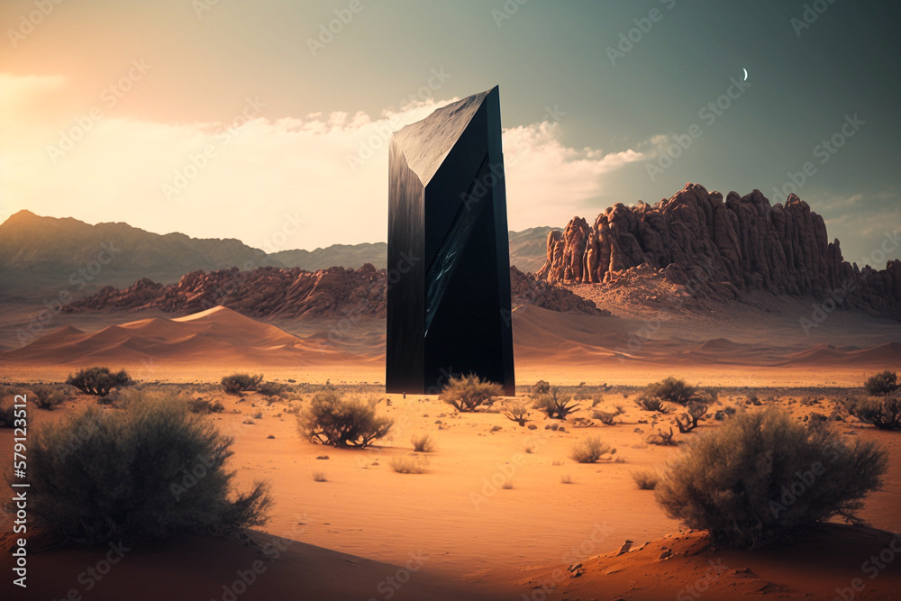 illustration of a mysterious black monolith in the desert, created with ...