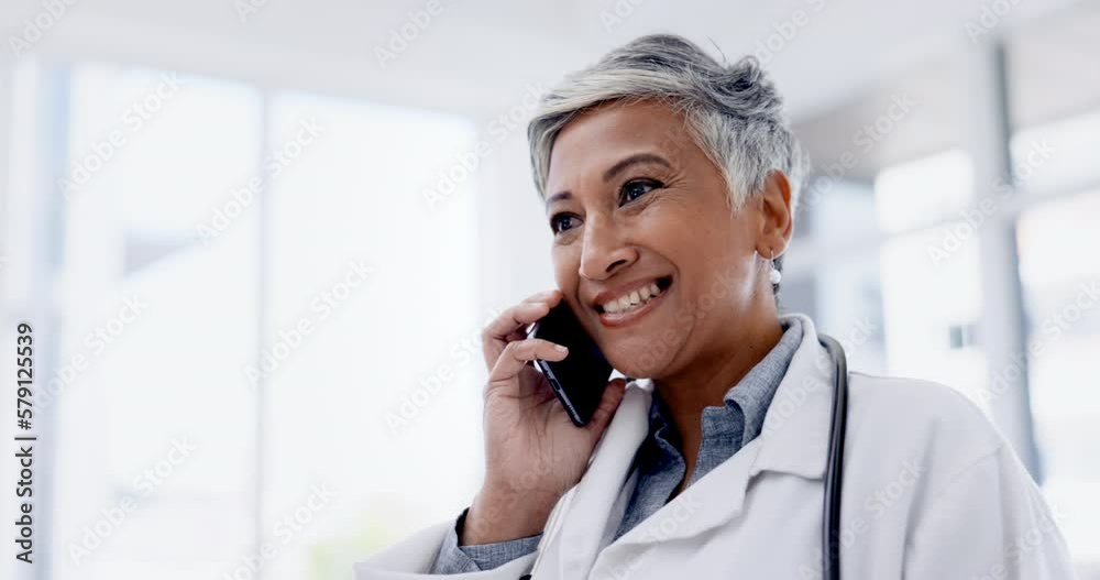 Senior woman, doctor phone call and medical communication in a hospital ...