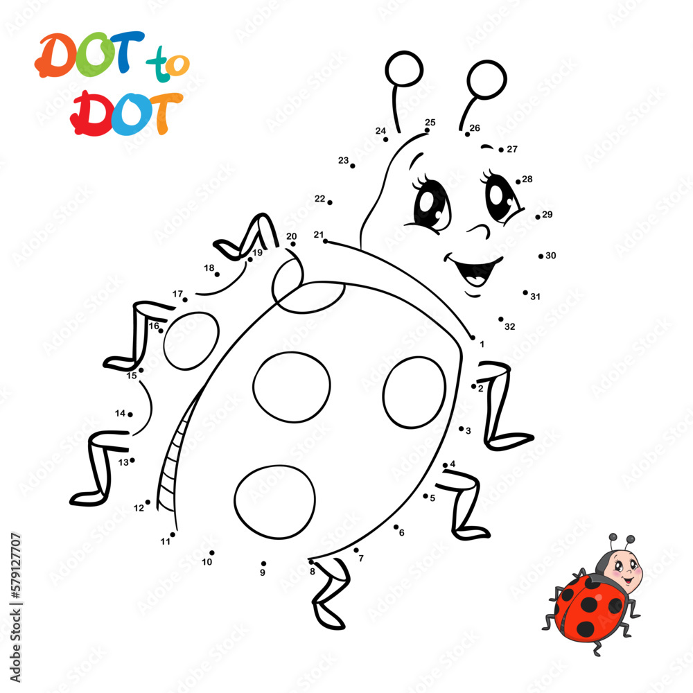 Connect The Dots and Draw Cute Cartoon ladybug. Educational Game for ...