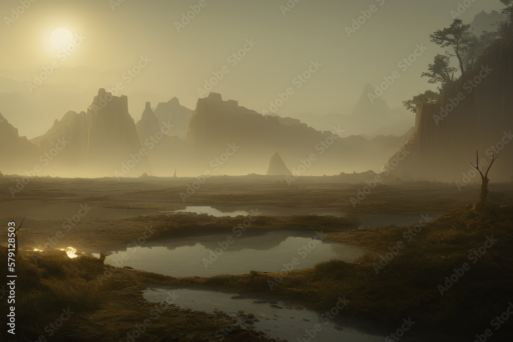 Foggy mountain and pond view in a deserted and barren place, created ...