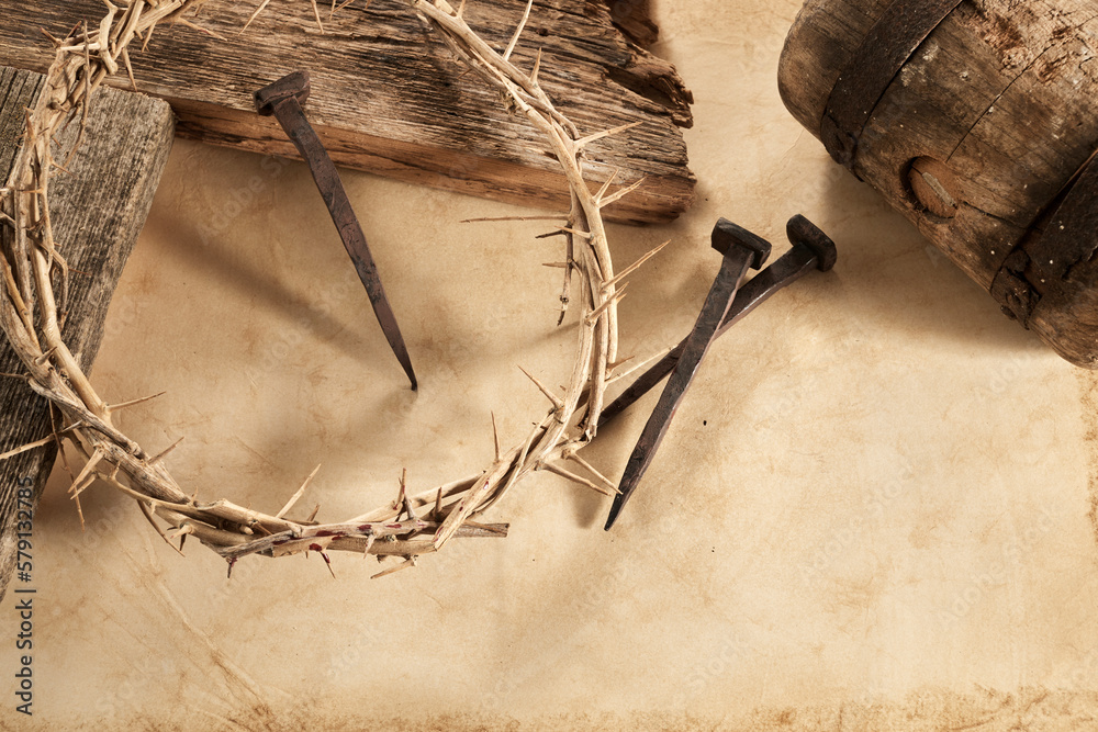 Crucifixion Of Jesus Christ. Cross With three Nails And Crown Of Thorns ...