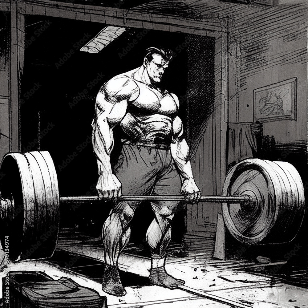 Not real person - artistic drawing style, man lifting weight, deadlift ...