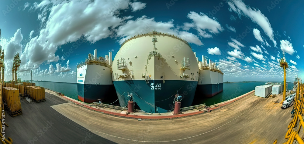 A giant gas tanker in the harbor depicted with an extra wide angle ...