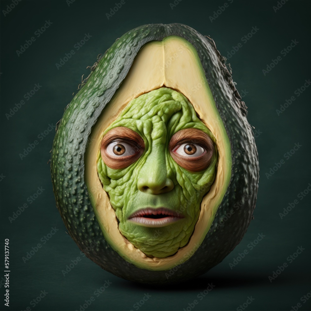 Creepy avocado character, unsettling horror design, eerie illustration ...