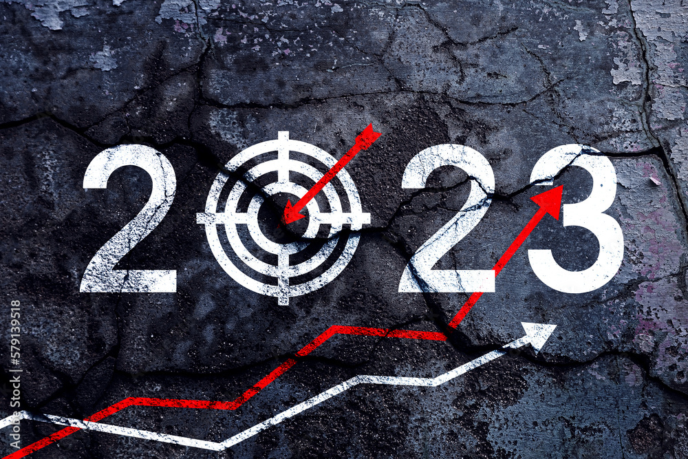 New year 2023 or straight forward target icon concept. Text 2023 text ...