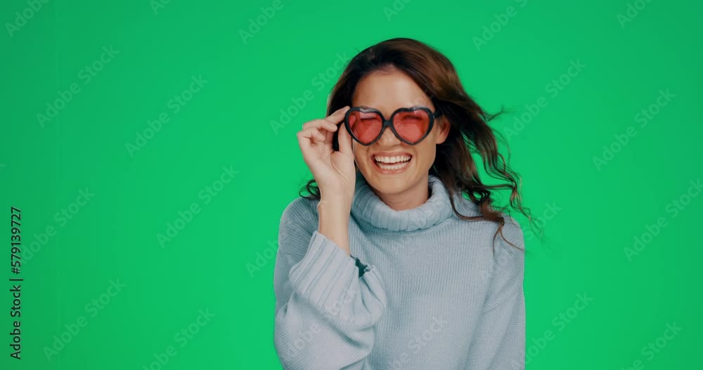Cool, green screen and portrait of a woman with sunglasses isolated on ...
