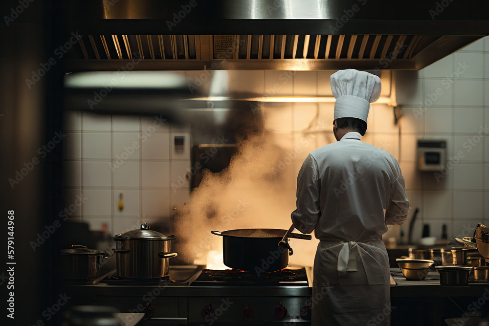 Chef cooking in restaurant kitchen interior. Back view of man in chef ...