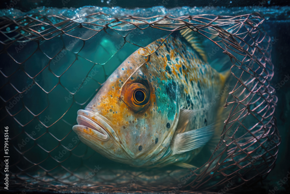 Fish trapped underwater. Fish in a cage. Poaching and destruction of ...