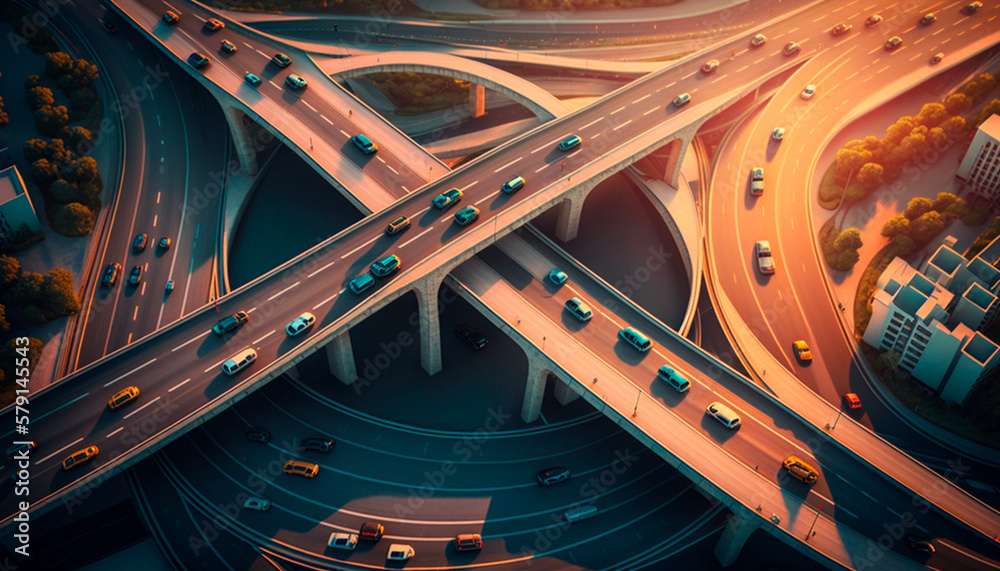 Aerial view of a massive highway intersection. Expressway top view ...