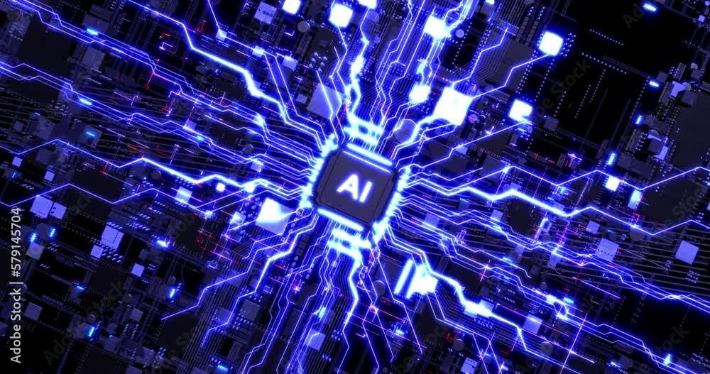 AI CPU Processing Data. Glowing Data Signals Flowing. Futuristic AI Processor. Computer And ...