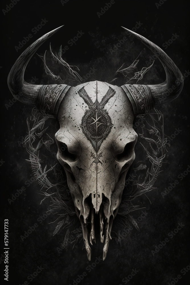 Bull skull cow, Buffalo head with horns and runes. Western deer mammals ...
