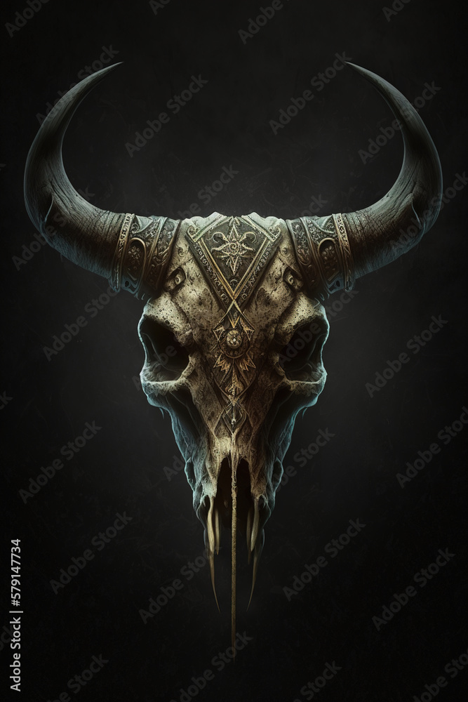 Bull skull cow, Buffalo head with horns and runes. Western deer mammals ...