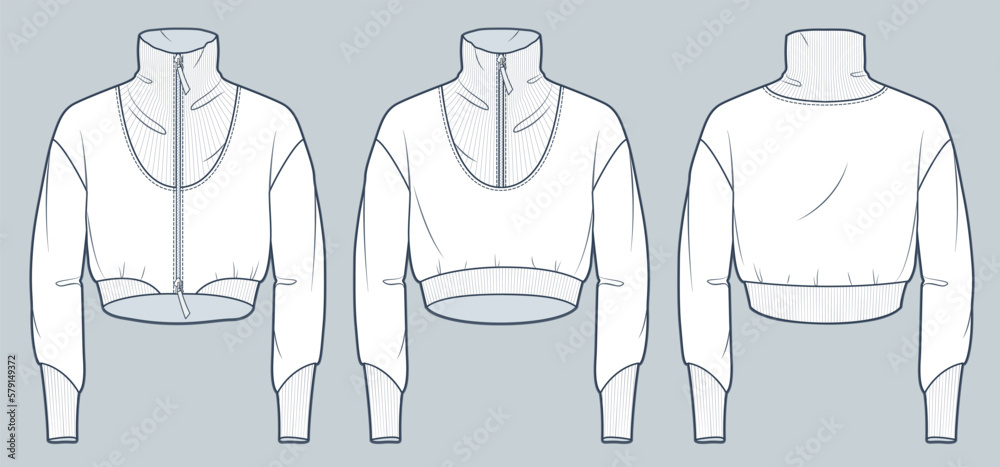 Set of Sweatshirt technical fashion illustration. Crop Sweatshirt ...