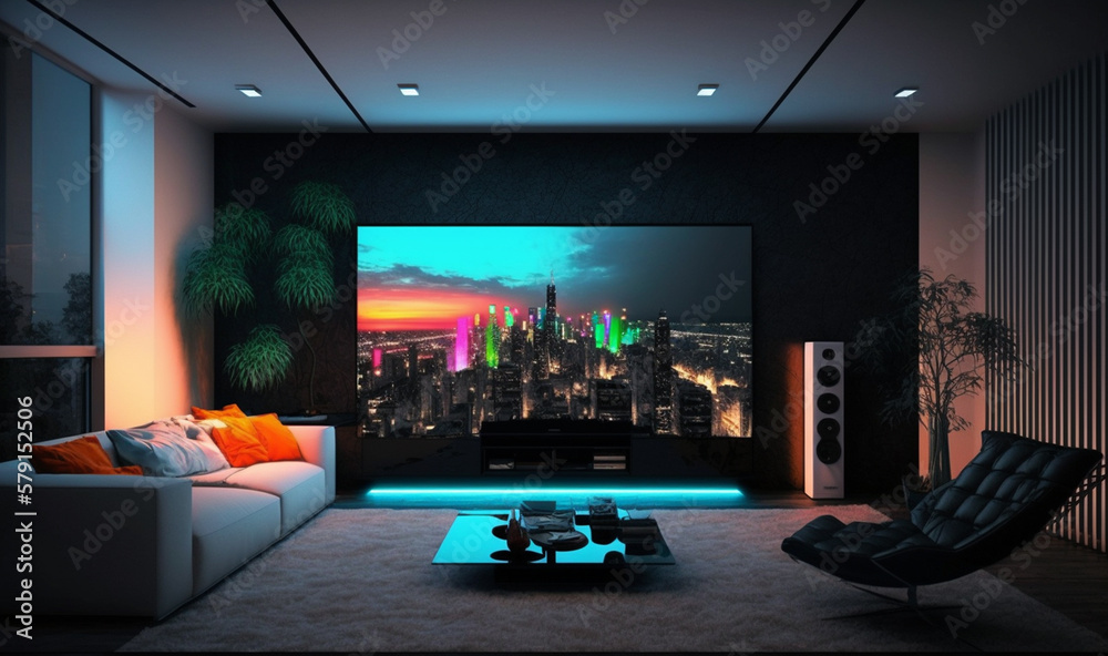 Experience a modern living room at night, complete with a big TV wall ...