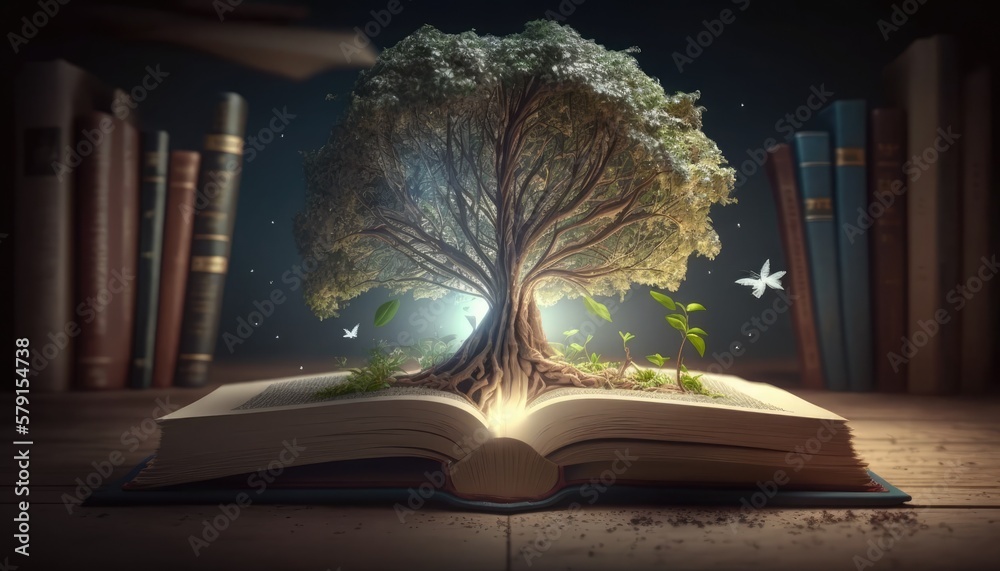 concept of education Stack of books in the library, a tree of knowledge ...