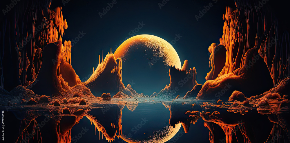 This abstract futuristic image features an orange neon moon glowing in ...