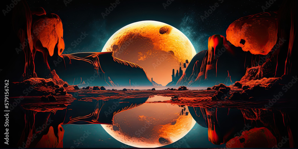 This abstract futuristic image features an orange neon moon glowing in ...