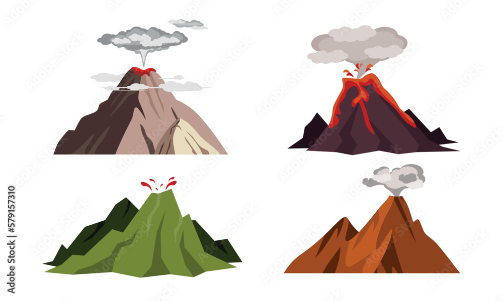 Set of beautiful volcanoes in cartoon style. Vector illustration of ...
