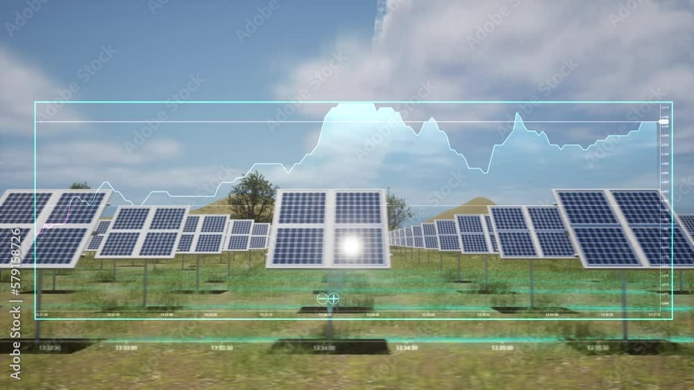 3d render view of Solar Panels farm with hud interface graph animation ...