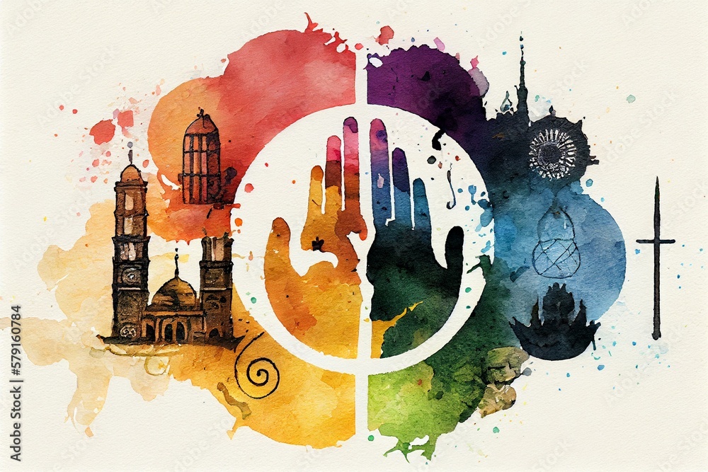 Religious Harmony, watercolor style generative AI Stock Illustration ...
