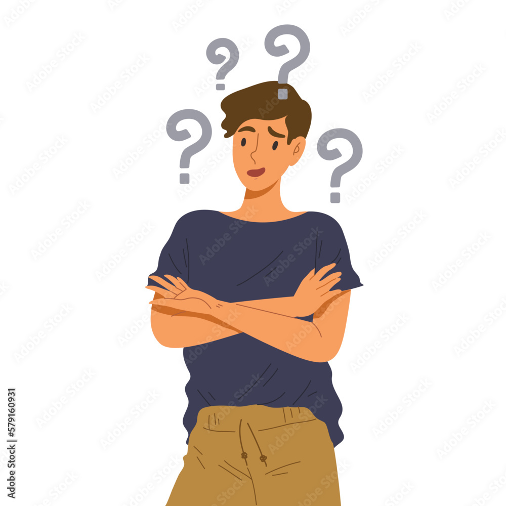 Young man crossing his arm and making curious face . Concept of ...