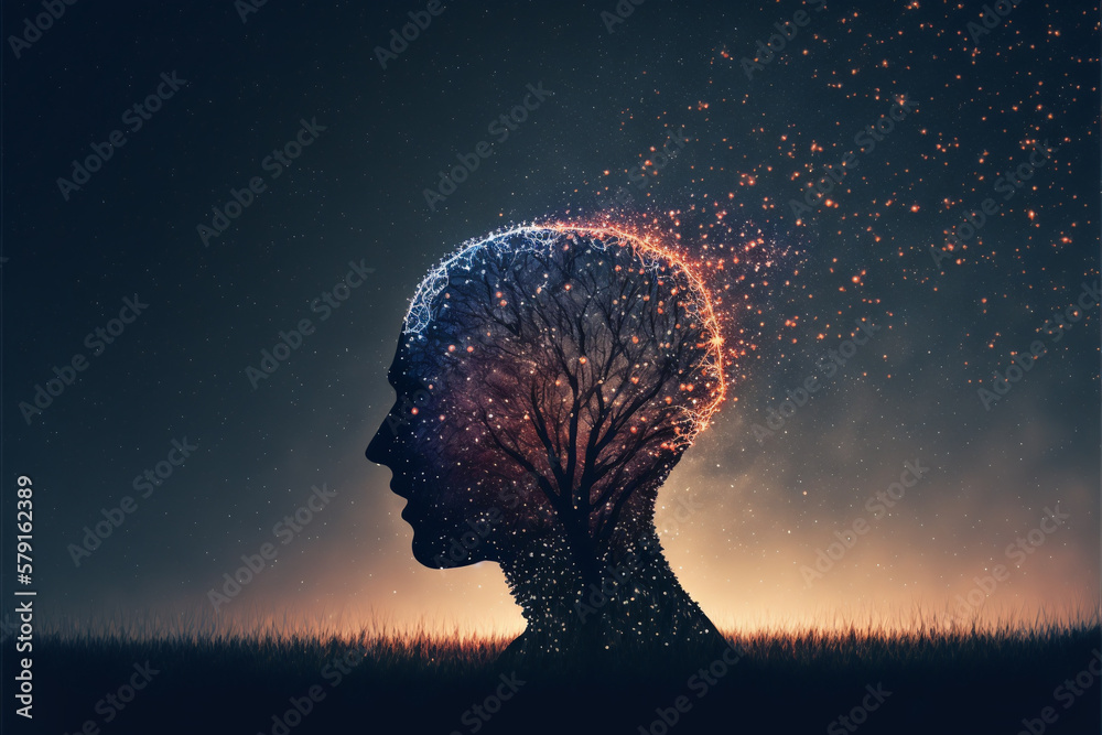 Virtual reality man with symbol neurons in brain. Creative idea and ...