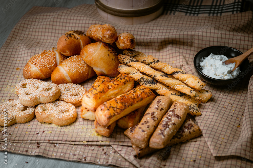Bakery shop products - various kinds of baguette, bagel, donut ...