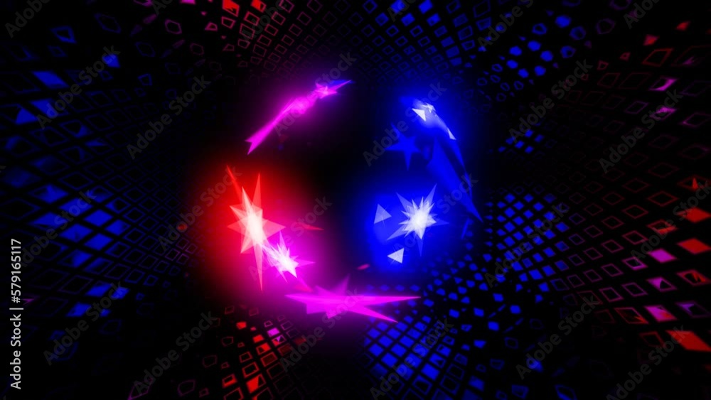 Vj loop mirror room with fly neon frame sphere structure. Abstract ...
