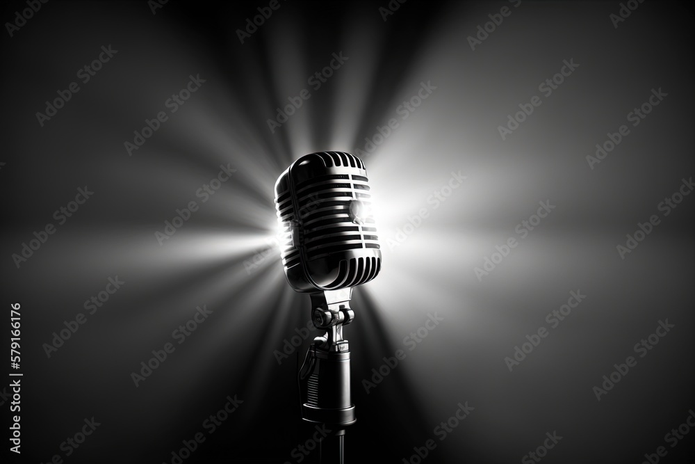 Studio microphone with light rays background, podcast concept ...