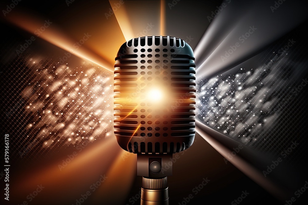 Studio microphone with light rays background, podcast concept ...